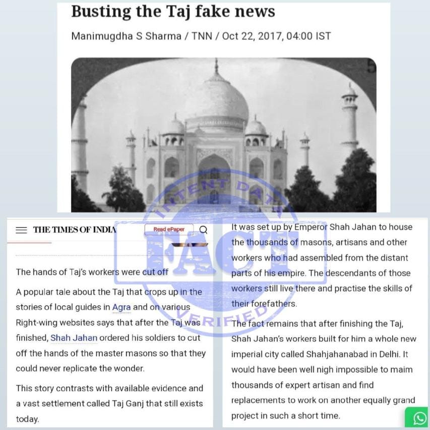 Shah Jahan chopped hands of works who constructed Taj Mahal?